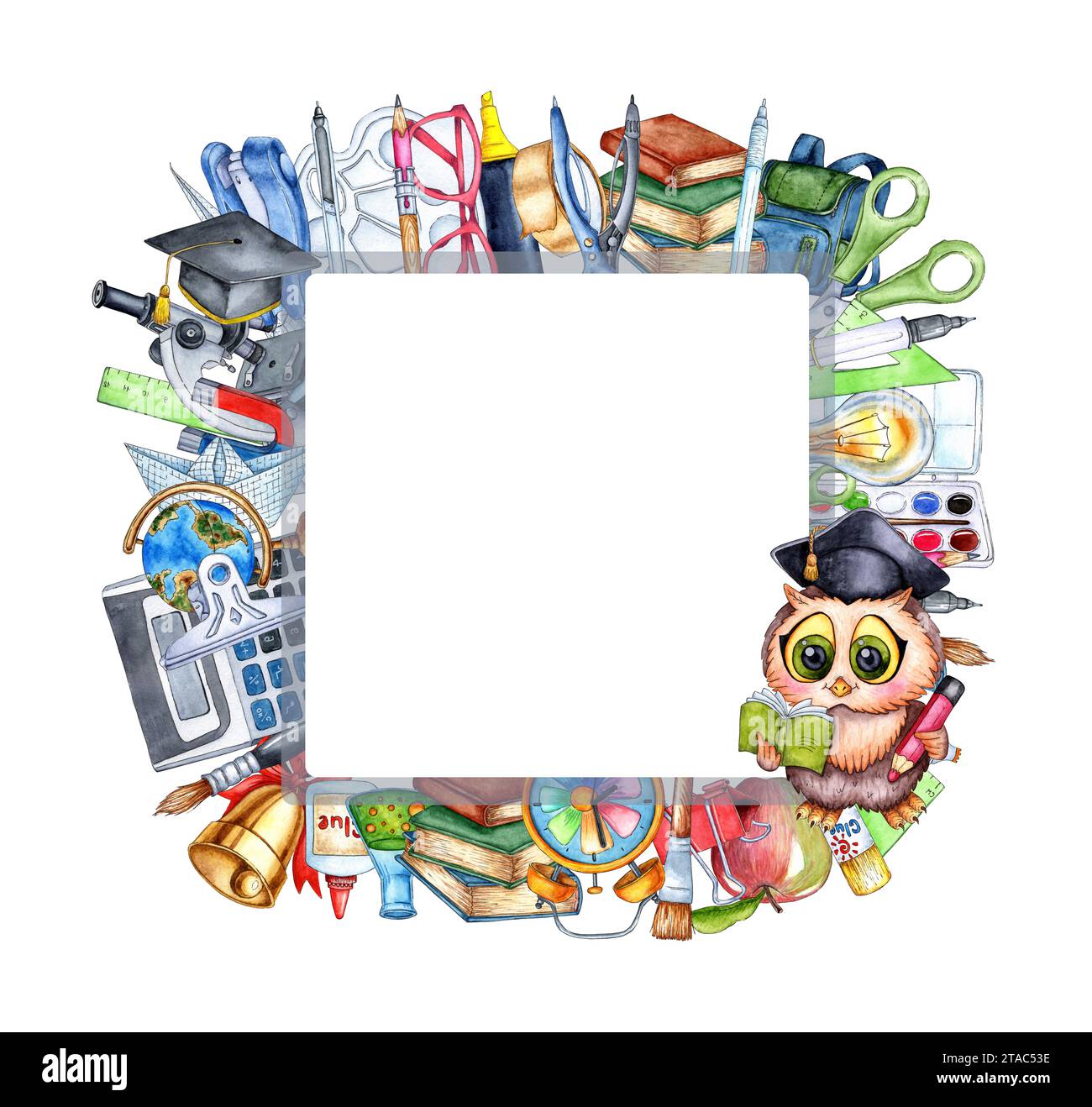 Watercolor illustration square frame with students, school supplies ...