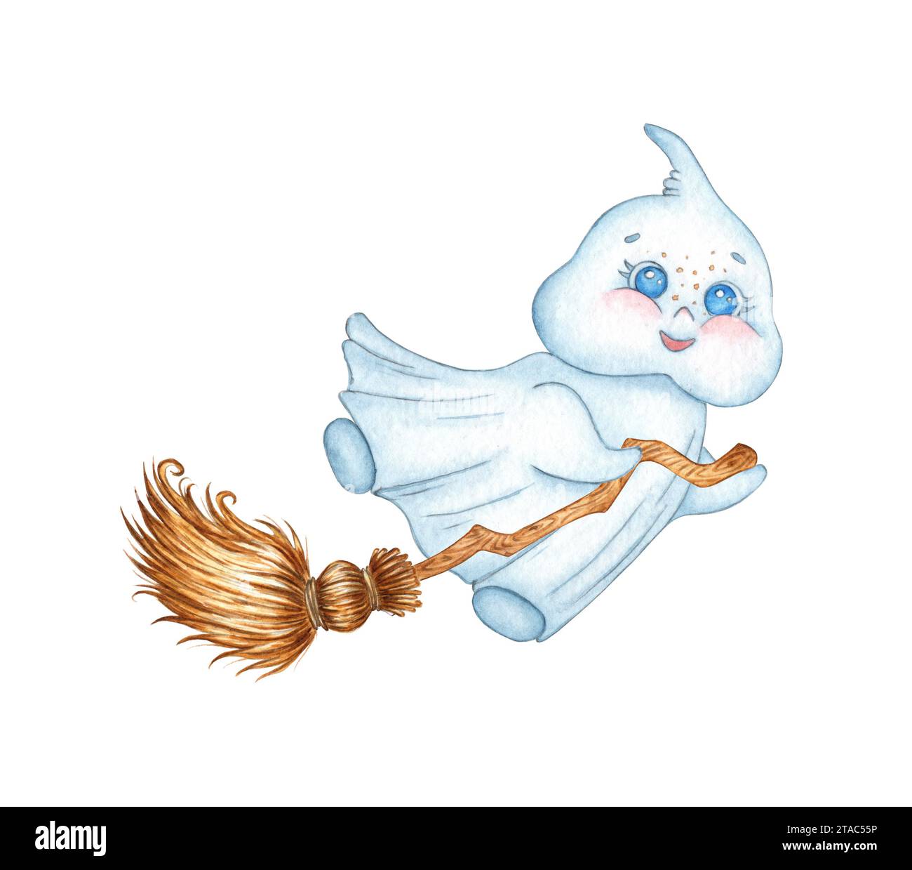 Watercolor illustration of a small cute ghost flying on a witch's broom ...