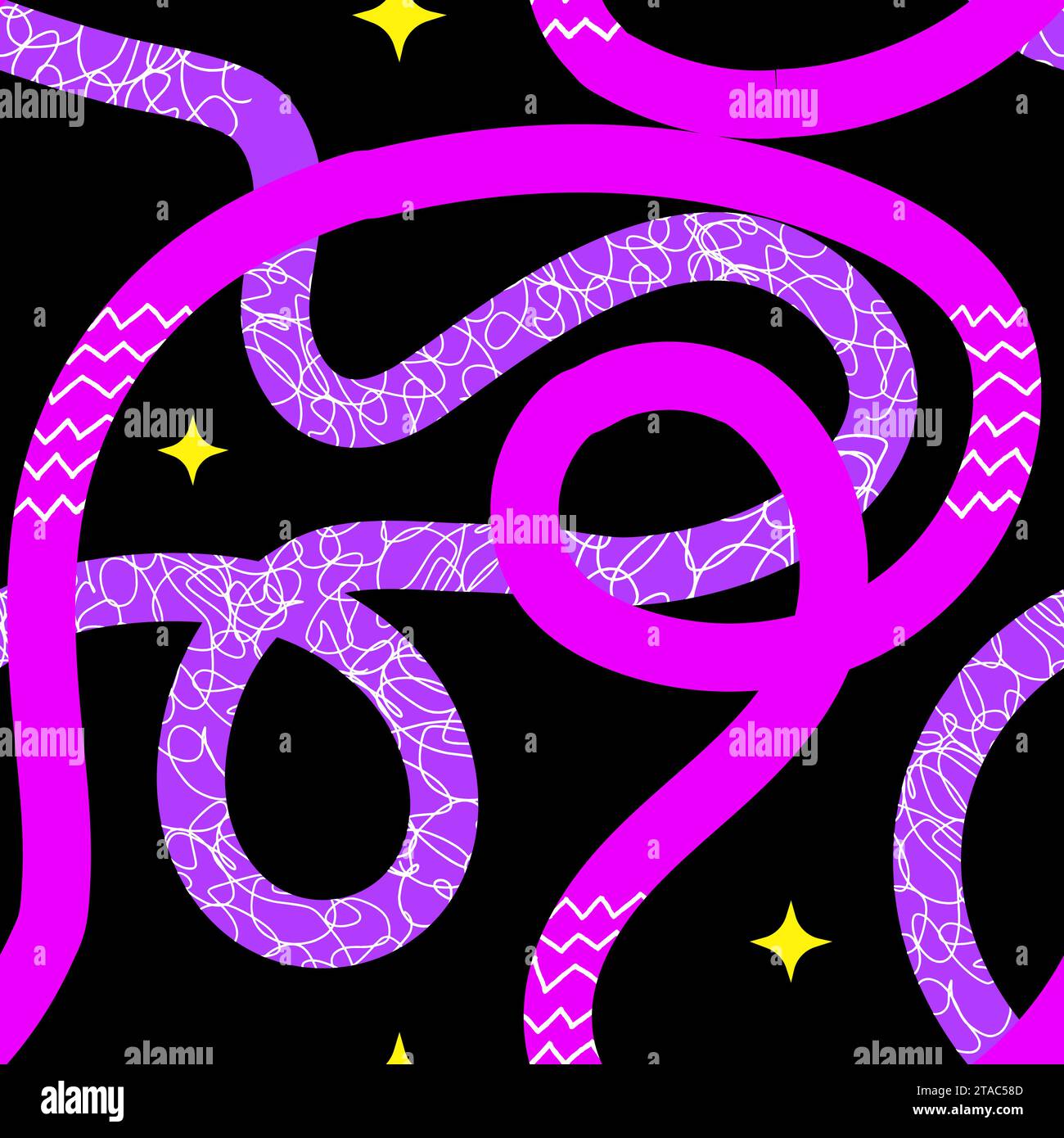Naive seamless squiggle pattern with bright neon wavy lines on a dark ...