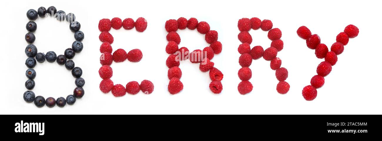 word BERRY made from raspberries and blueberry. isolated on white ...