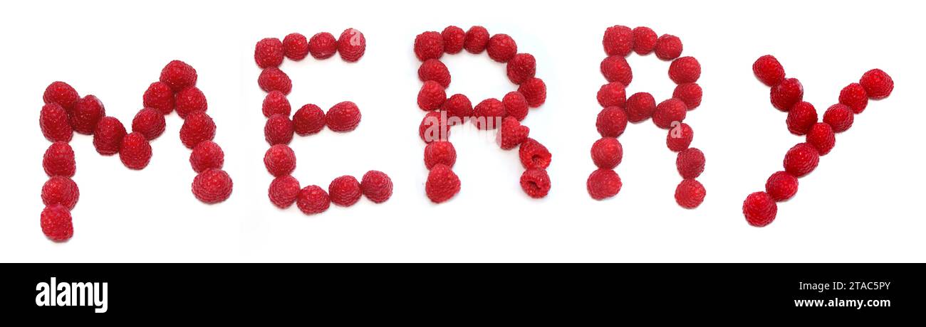 word MERRY made from raspberries. isolated on white background for ...