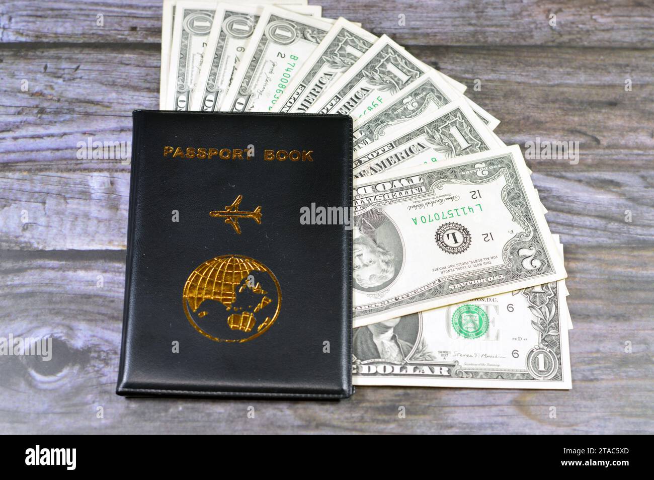 Black passport book with a plane and the globe earth on its cover ...