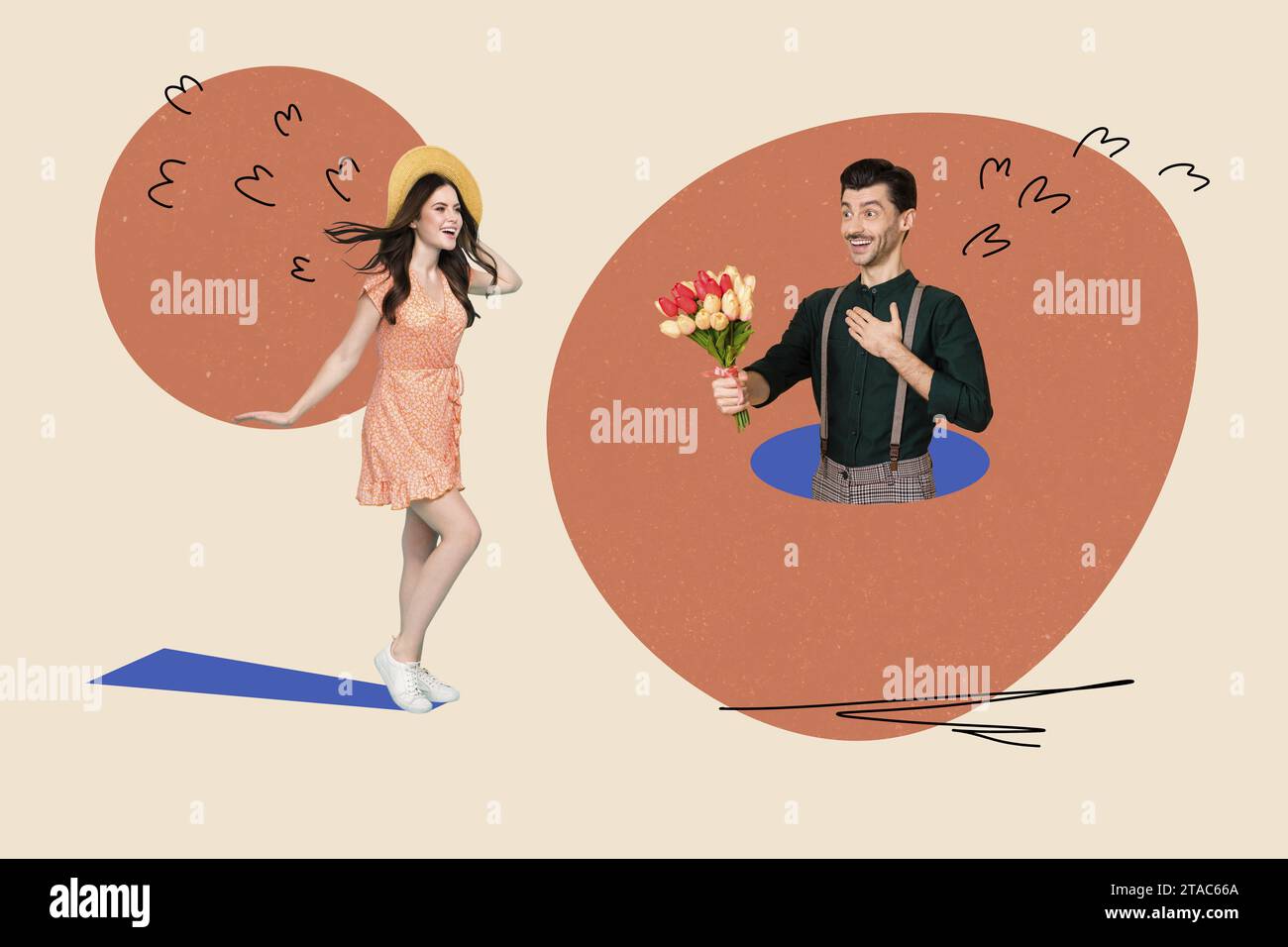 Horizontal creative retro photo collage of relationship young couple ...