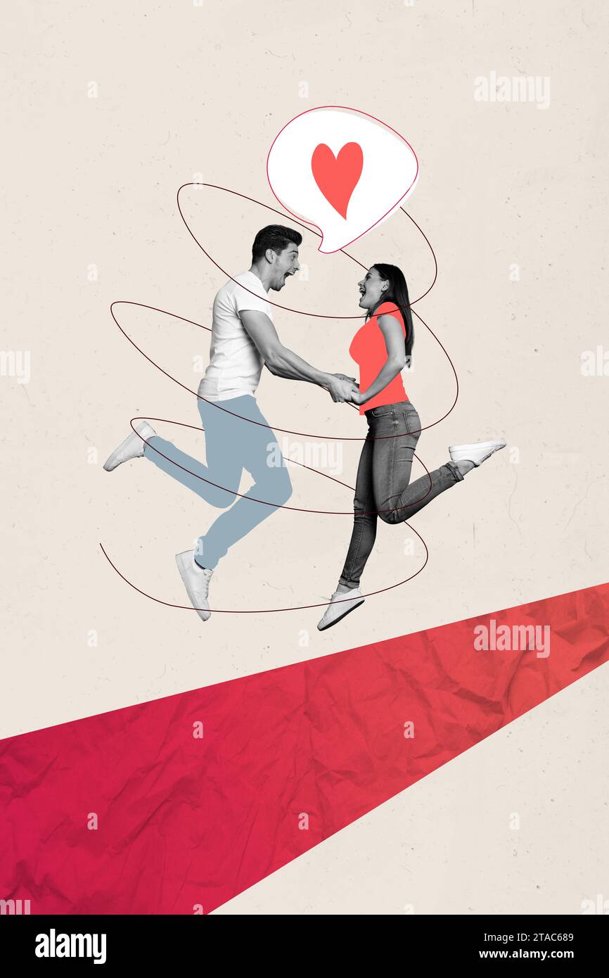 Vertical composite photo collage of two young positive lovely people ...