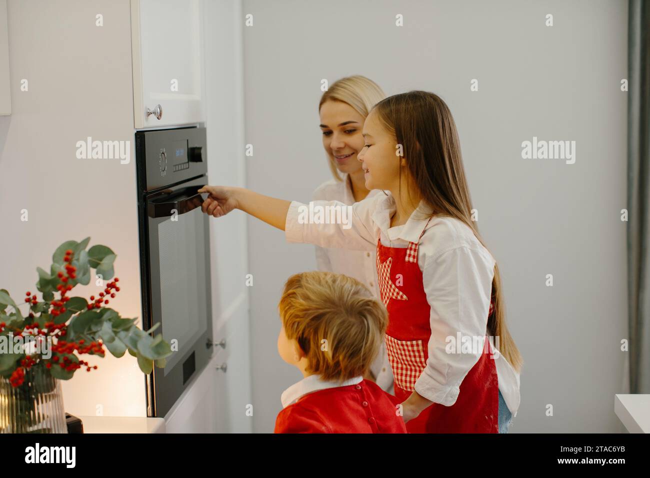 Mother and children bake Christmas gingerbread in a modern kitchen. Mom ...
