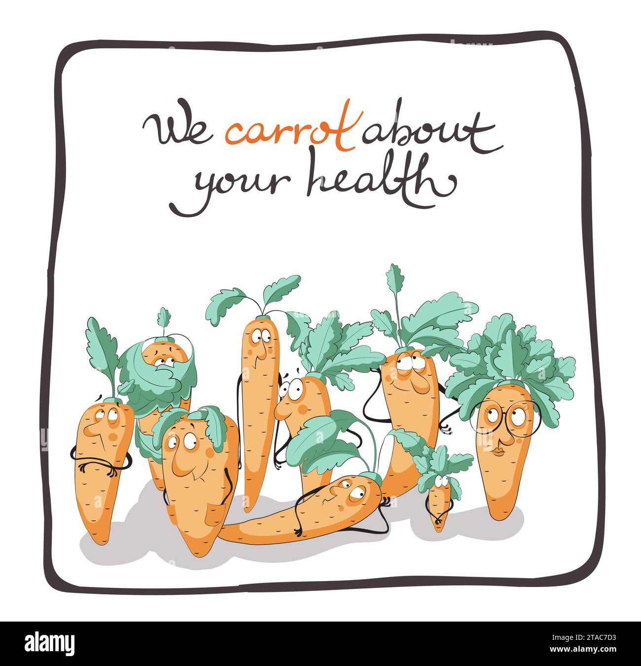 Group of funny cartoon carrots, motivational card, vector illustration ...