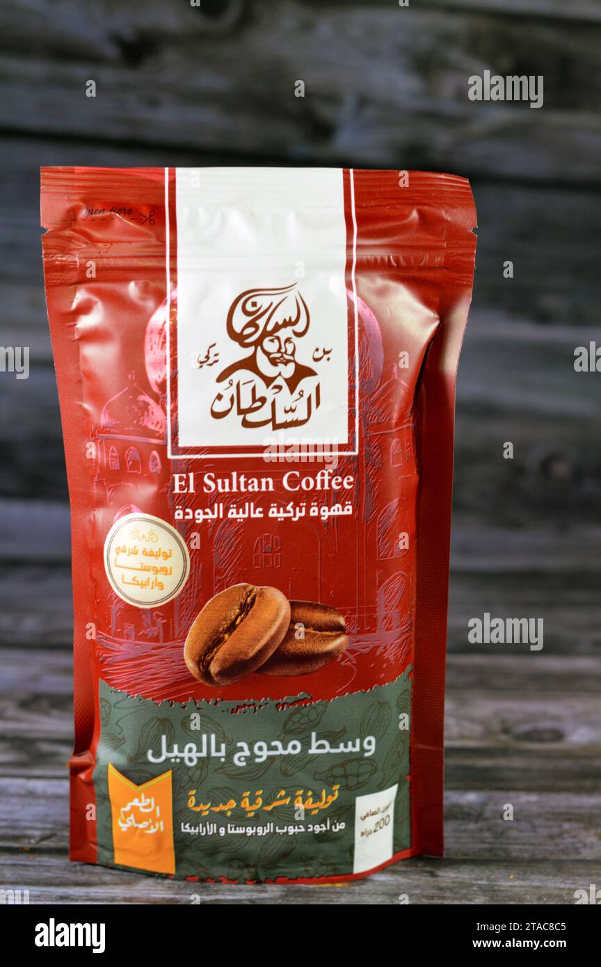 Cairo, Egypt, November 24 2023: El Sultan medium Turkish coffee with ...