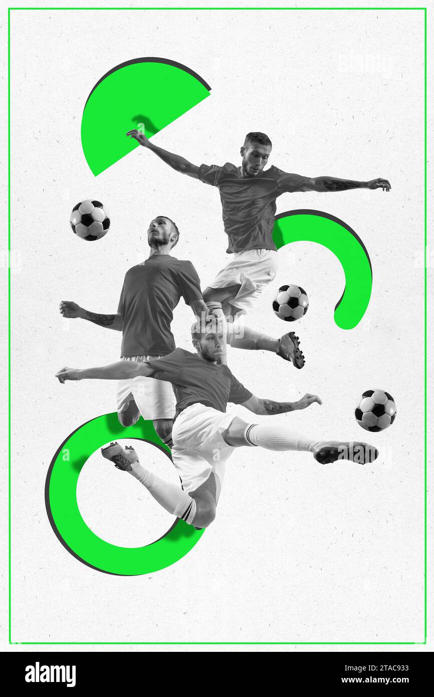 Contemporary art collage. Professional football player performing kick ...
