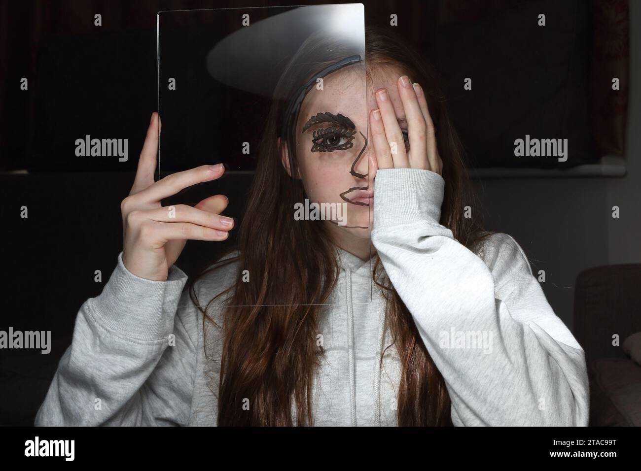 Teenage girl holds a tranparent perspex sheet with drawing of half a ...