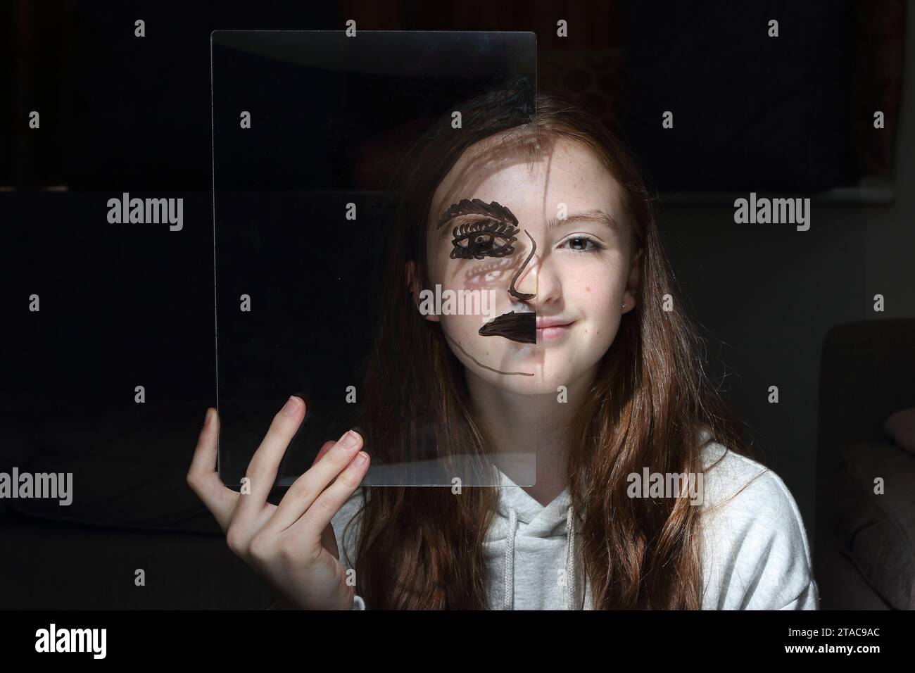 Teenage girl holds a tranparent perspex sheet with drawing of half a ...
