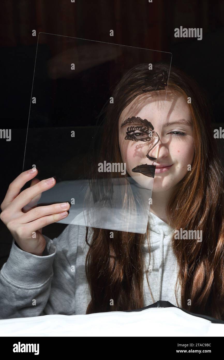 Teenage girl holds a tranparent perspex sheet with drawing of half a ...