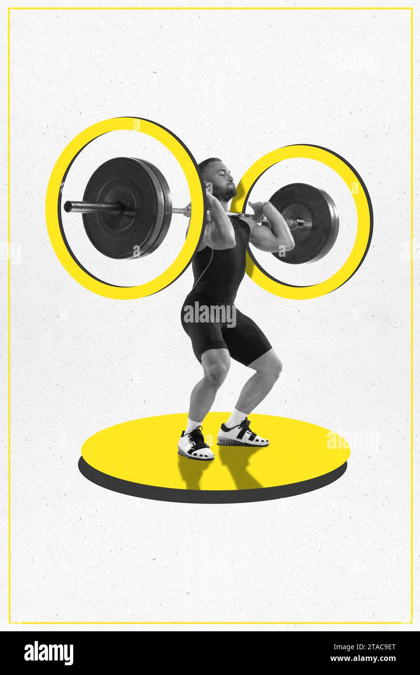 Contemporary art collage. Strong man, sportsman, bodybuilder training ...