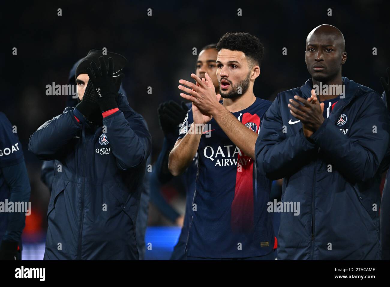 PARIS, FRANCE - NOVEMBER 28: Goncalo Ramos, Danilo Pereira of PSG applauds fans during the UEFA ...