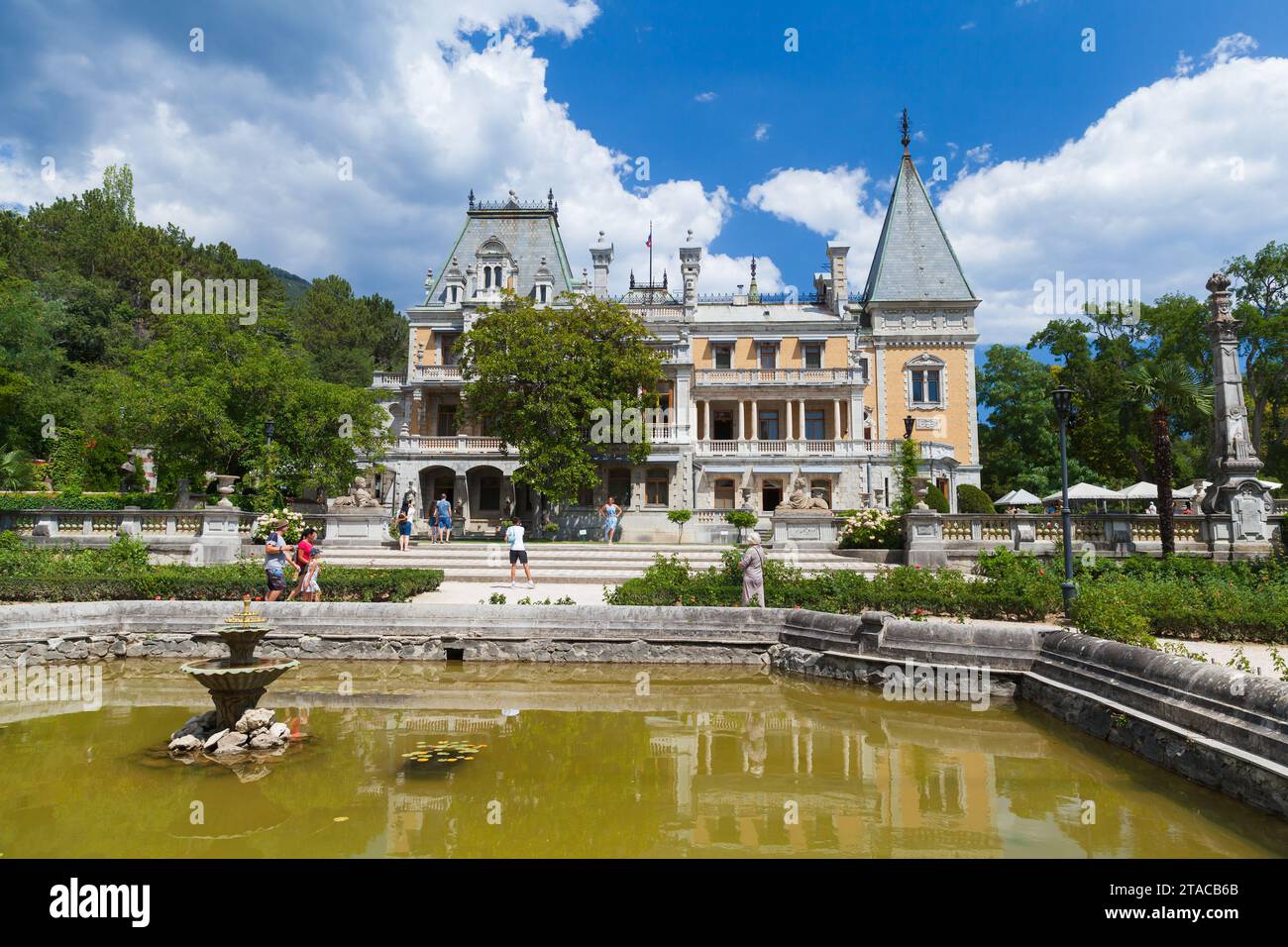 Massandra, Crimea - August 11, 2020: Tourists walk the park in front of ...