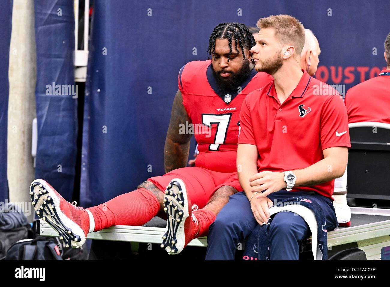 Houston Texans offensive tackle Tytus Howard (71) is taken to the ...