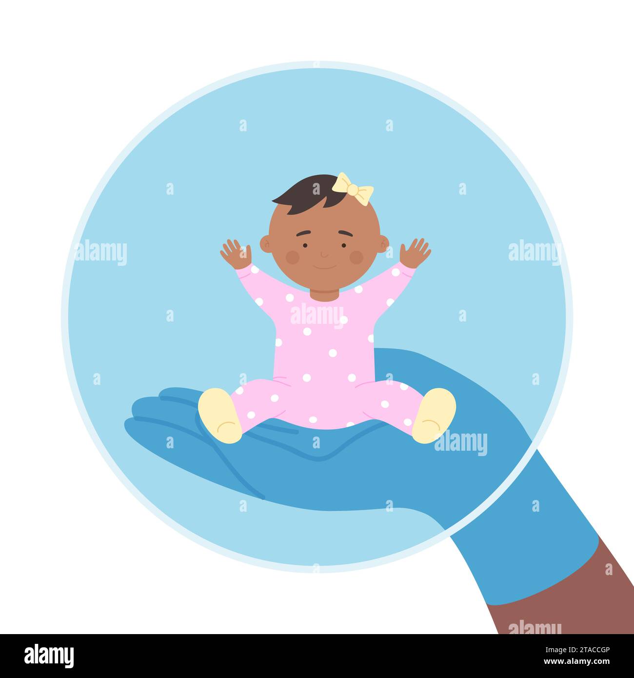Human hand in medical glove holding bubble with baby girl to protect ...