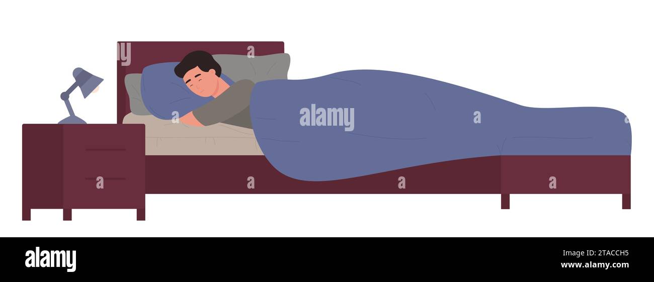 Young man sleeping in his bed. Cartoon boy room bedroom at night ...