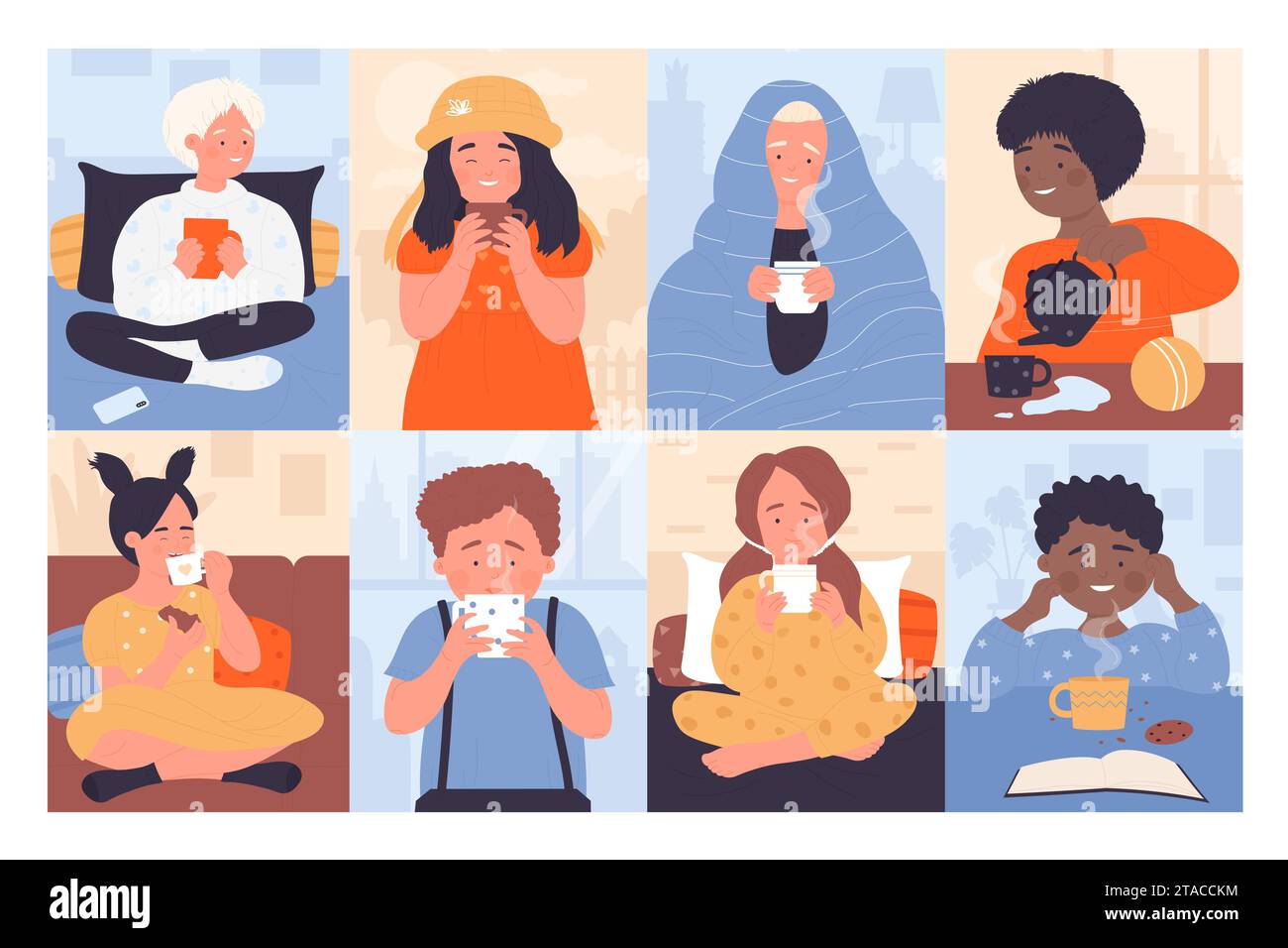 Kids drinking hot drinks set vector illustration. Cartoon children hold ...