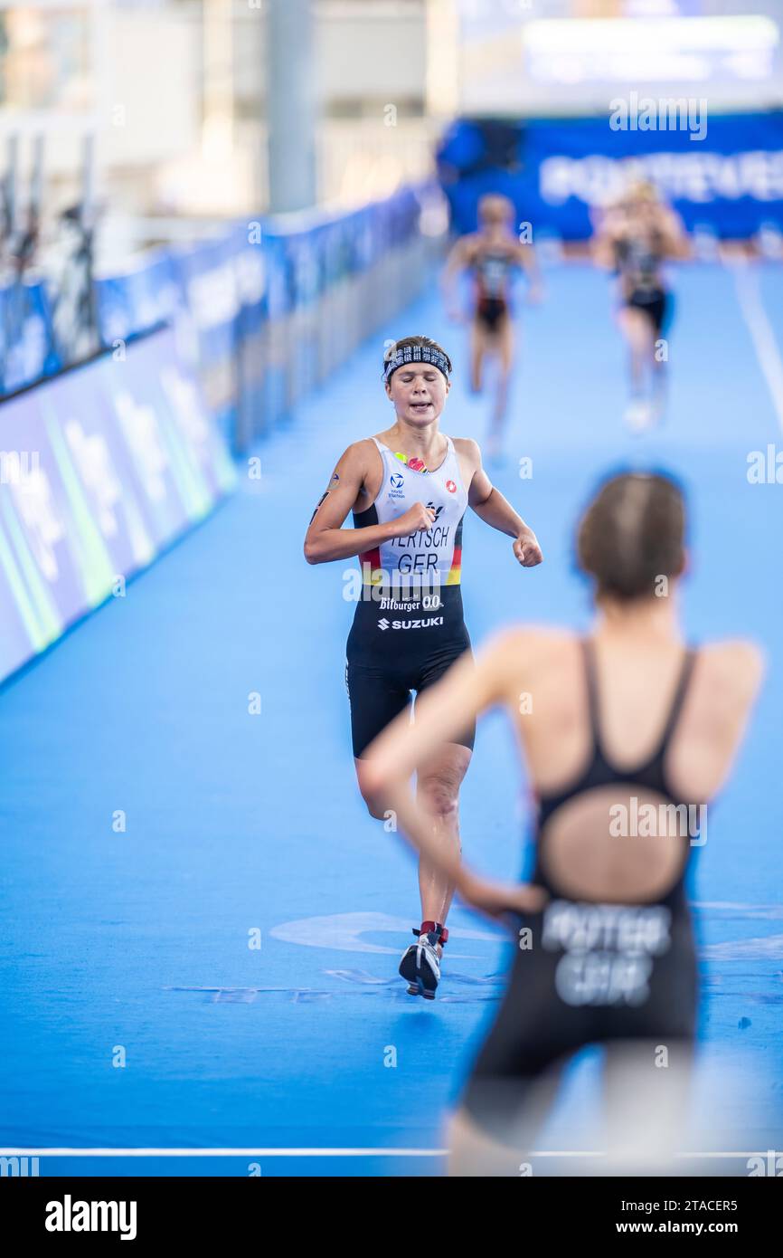 Lisa Tertsch participating in Pontevedra in the 2023 World Triathlon ...