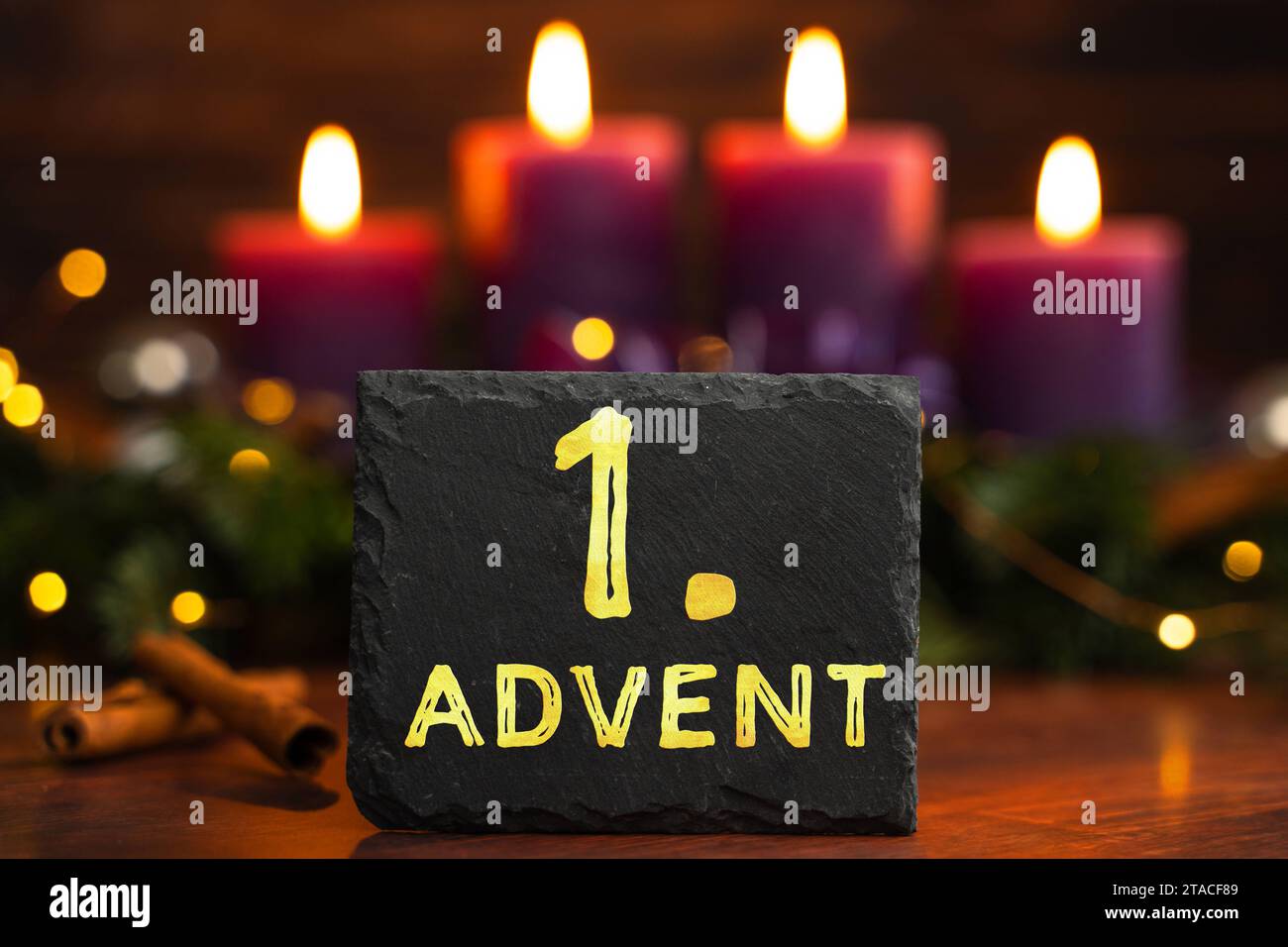 November 30, 2023: 1st Advent greeting, On a slate in front of a purple ...