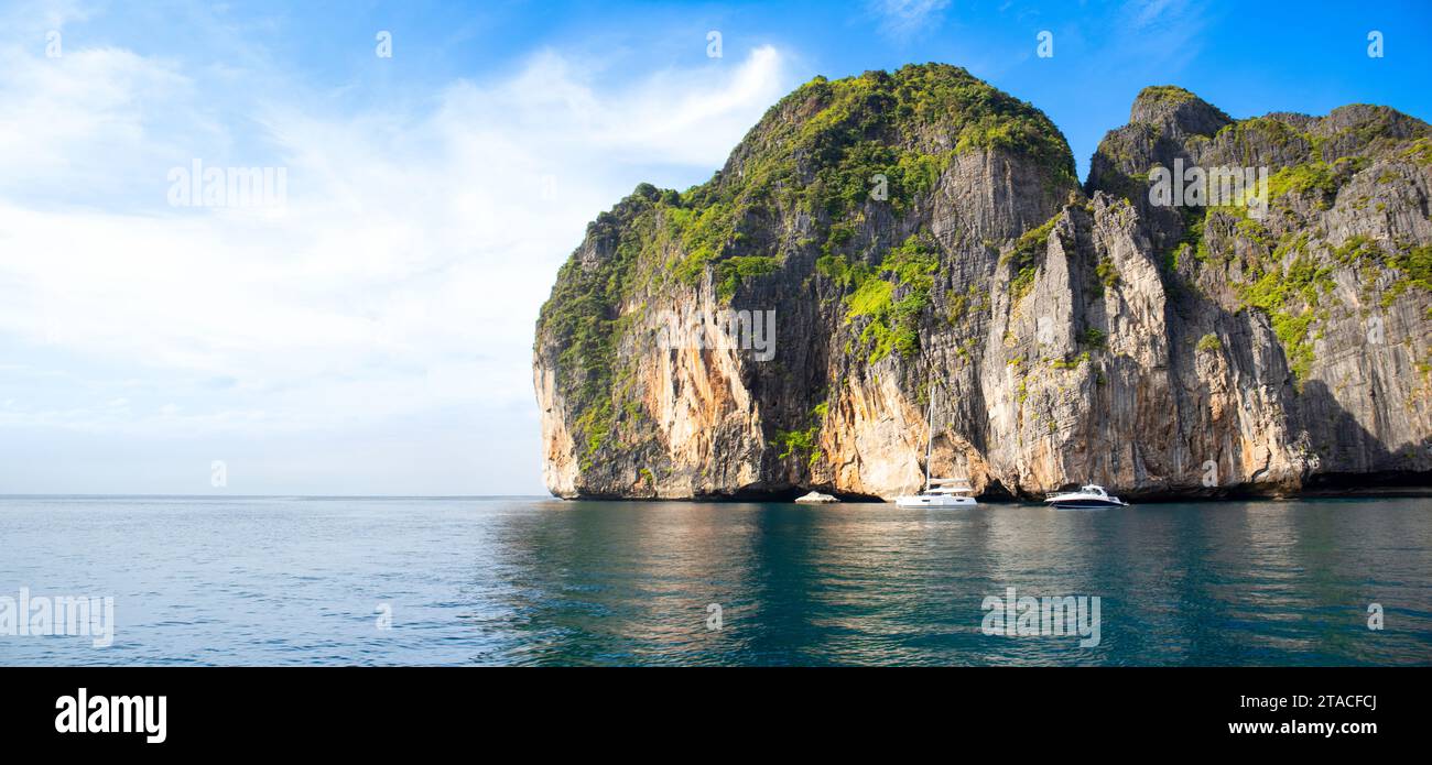 Beautiful panoramic landscape of the Maya Bay in the Phi Phi Islands in ...