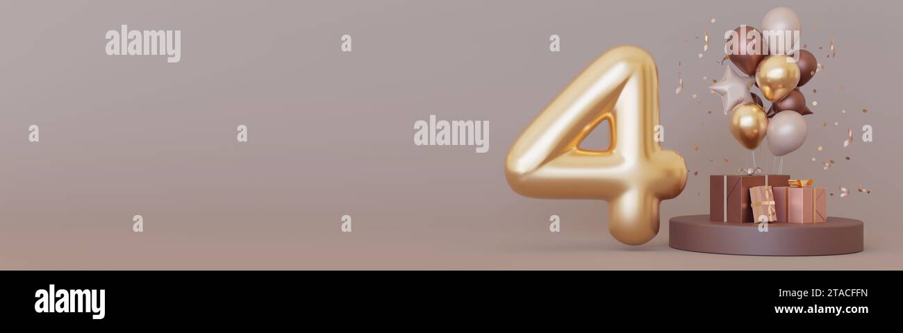 Golden number four, presents and balloons on brown background. Symbol 4 ...