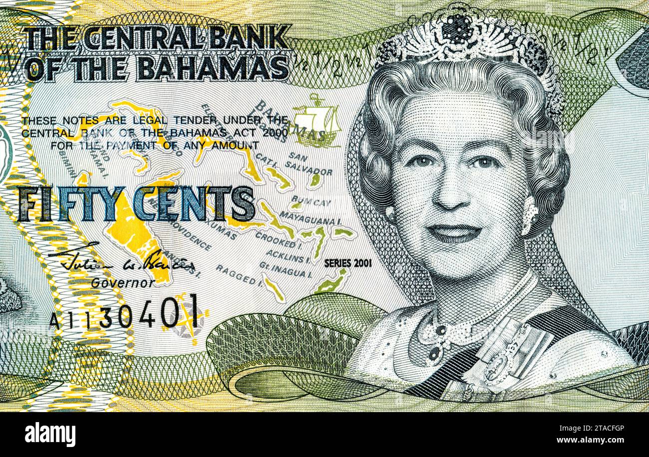 England Queen Elizabeth II (1926 - 2022) portrait from Bahamas 1/2 ...