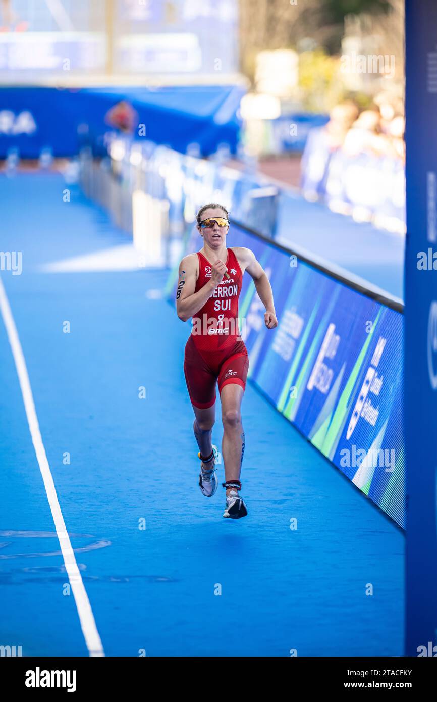 Julie Derron participating in Pontevedra in the 2023 World Triathlon ...