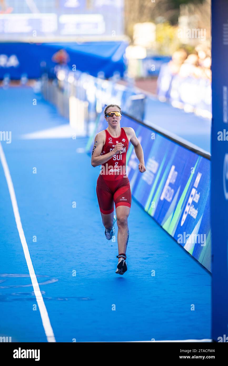 Julie Derron participating in Pontevedra in the 2023 World Triathlon ...