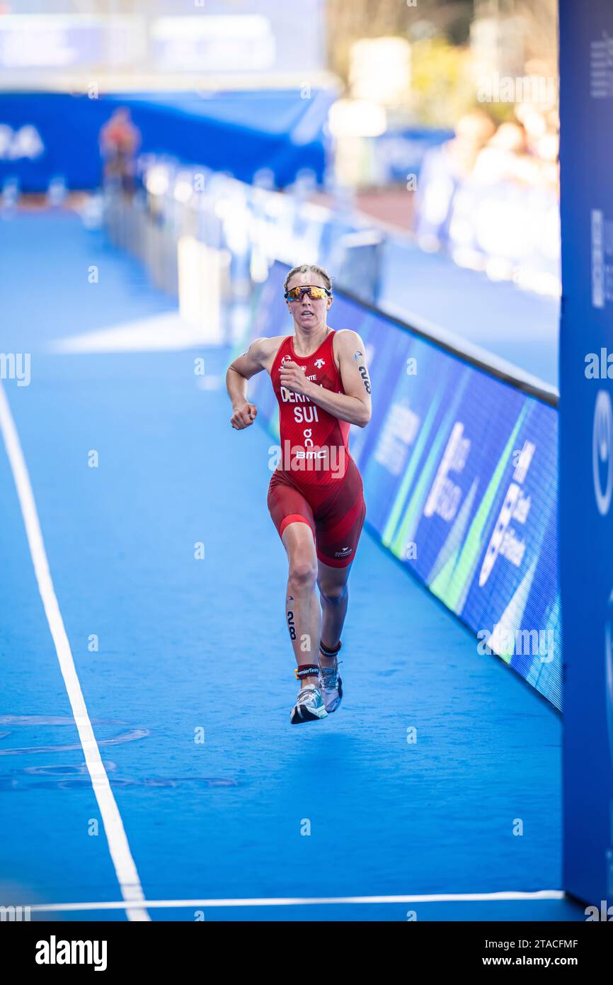 Julie Derron participating in Pontevedra in the 2023 World Triathlon ...