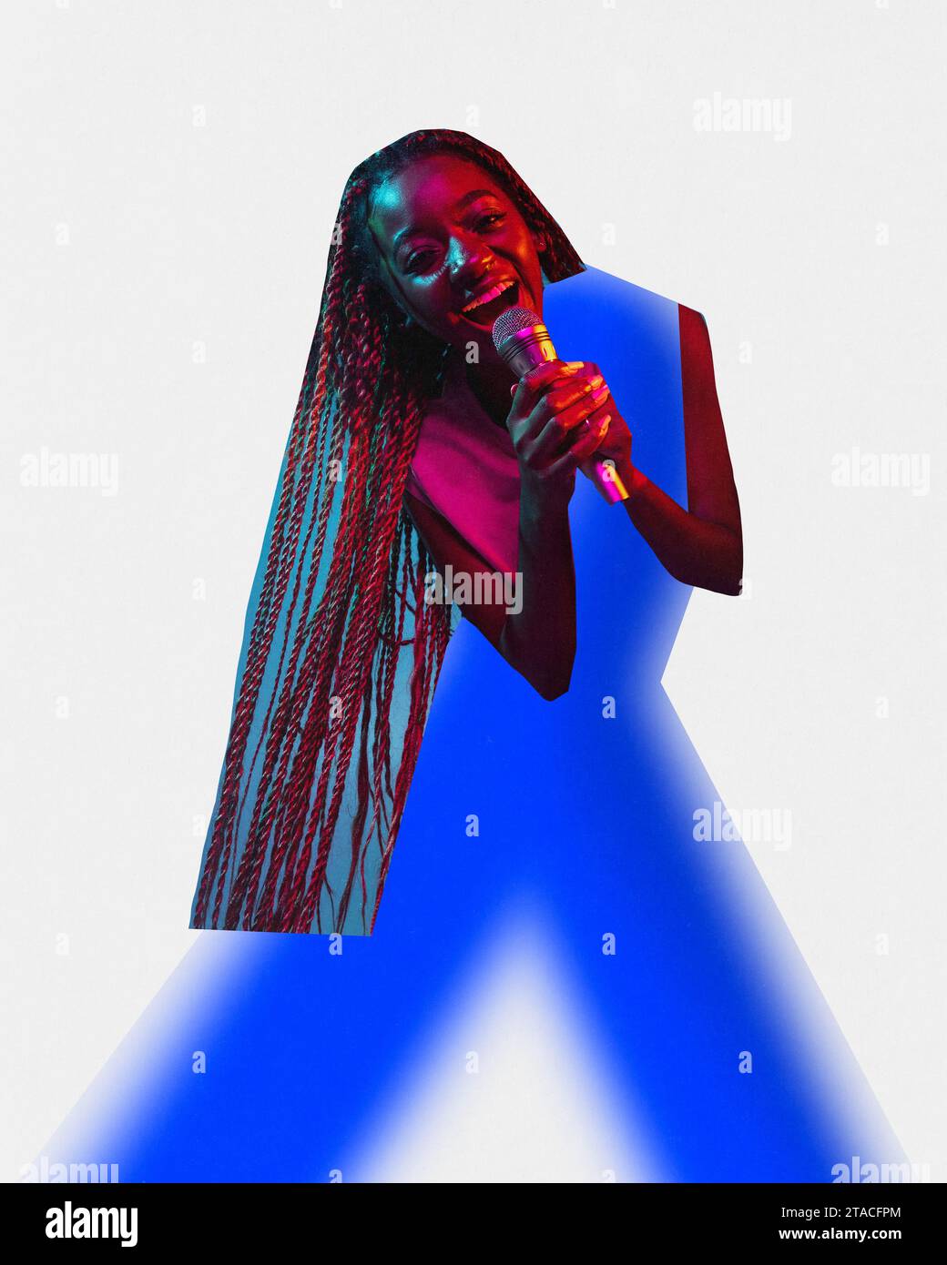 Poster. Contemporary art collage. Attractive, cheerful woman with neon ...