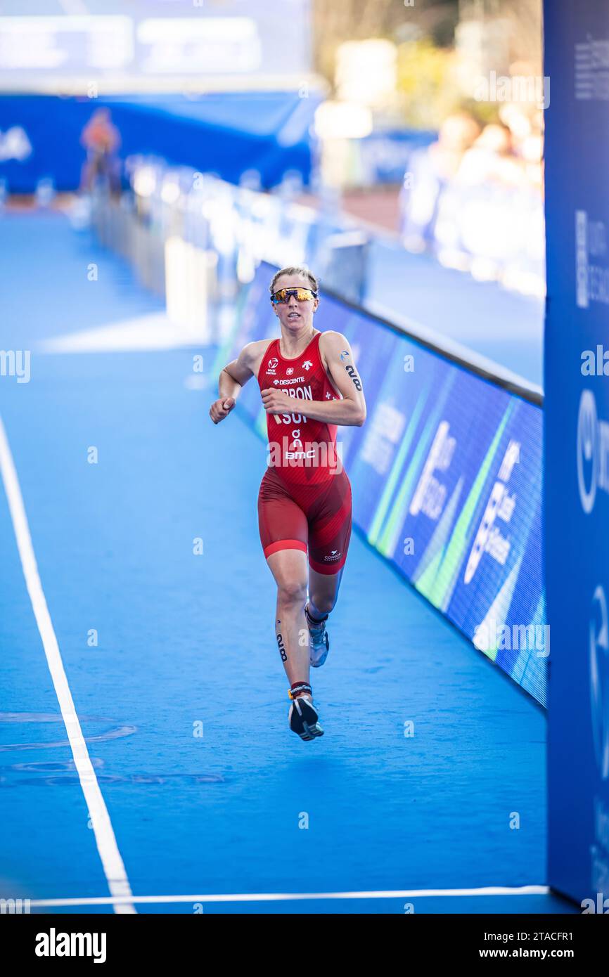 Julie Derron participating in Pontevedra in the 2023 World Triathlon ...