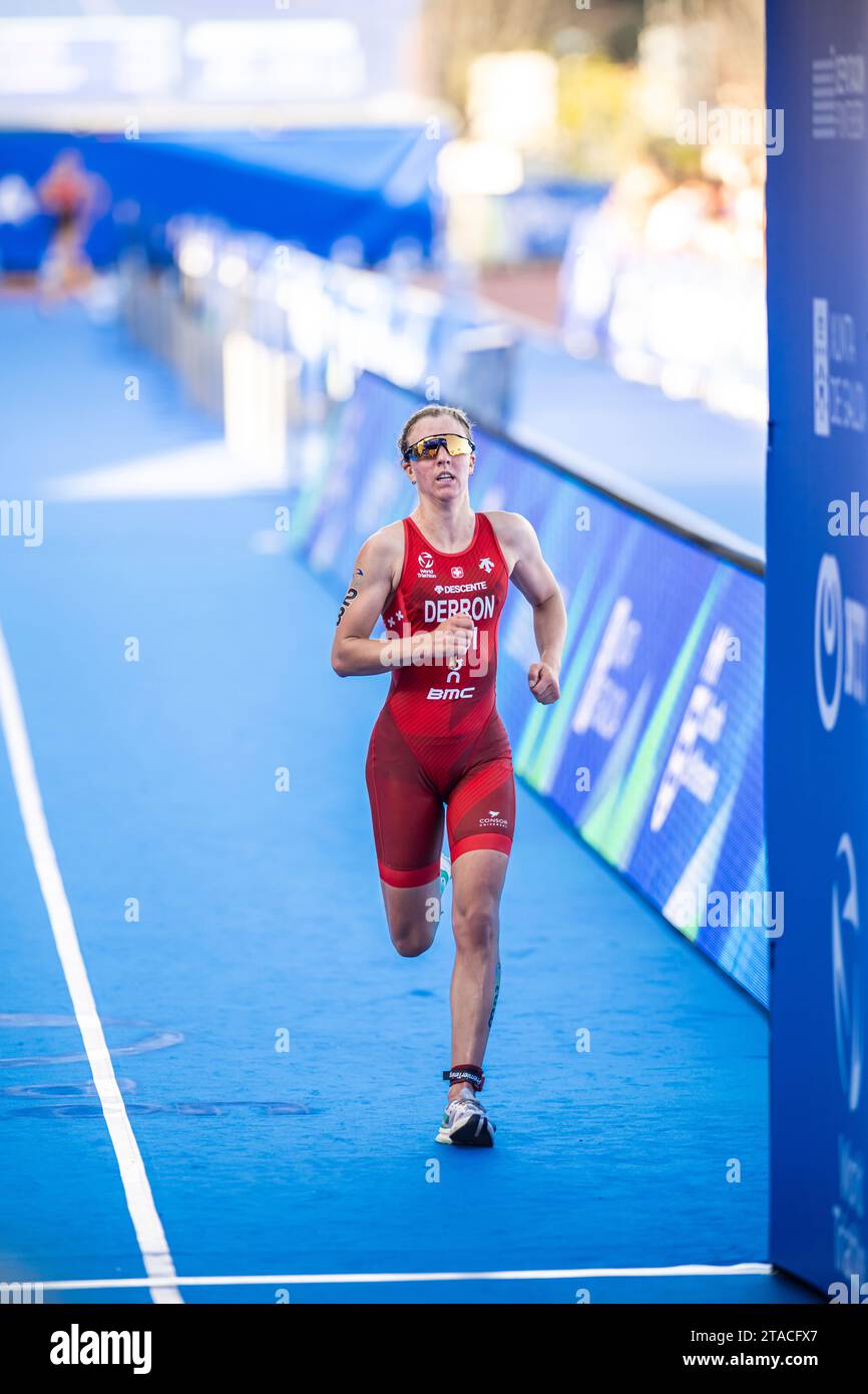 Julie Derron participating in Pontevedra in the 2023 World Triathlon ...