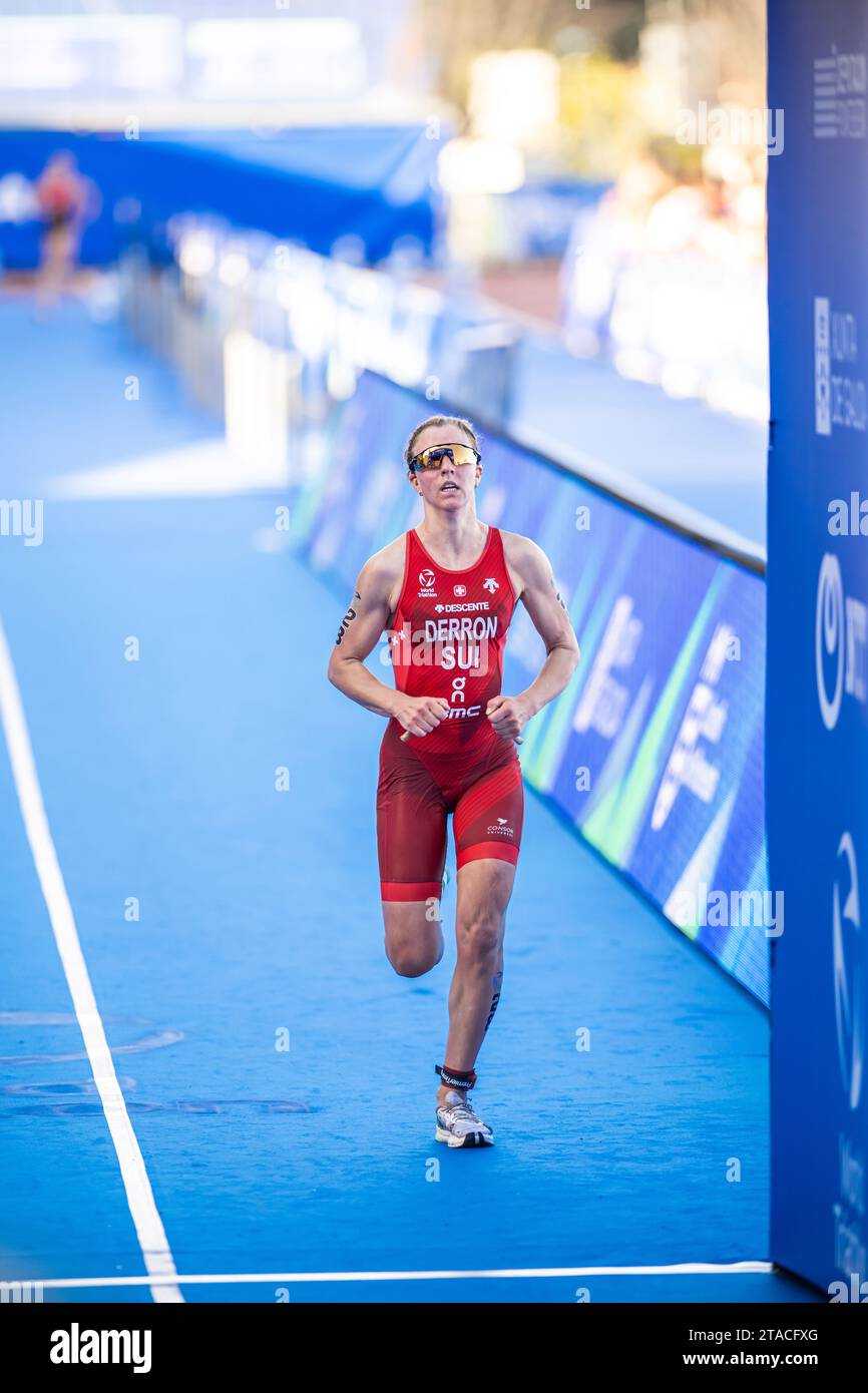 Julie Derron participating in Pontevedra in the 2023 World Triathlon ...