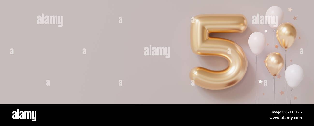 Golden number five and balloons on beige background. Symbol 5. Fifth ...