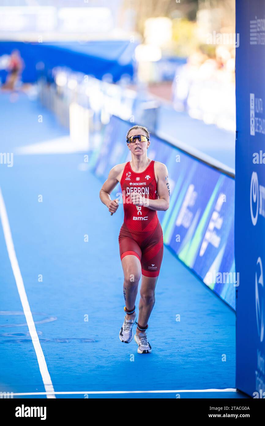 Julie Derron participating in Pontevedra in the 2023 World Triathlon ...