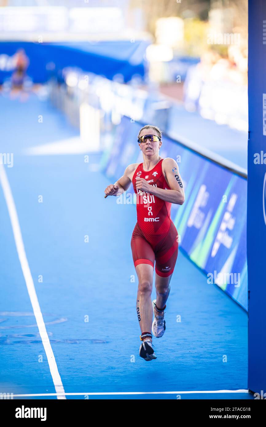 Julie Derron participating in Pontevedra in the 2023 World Triathlon ...
