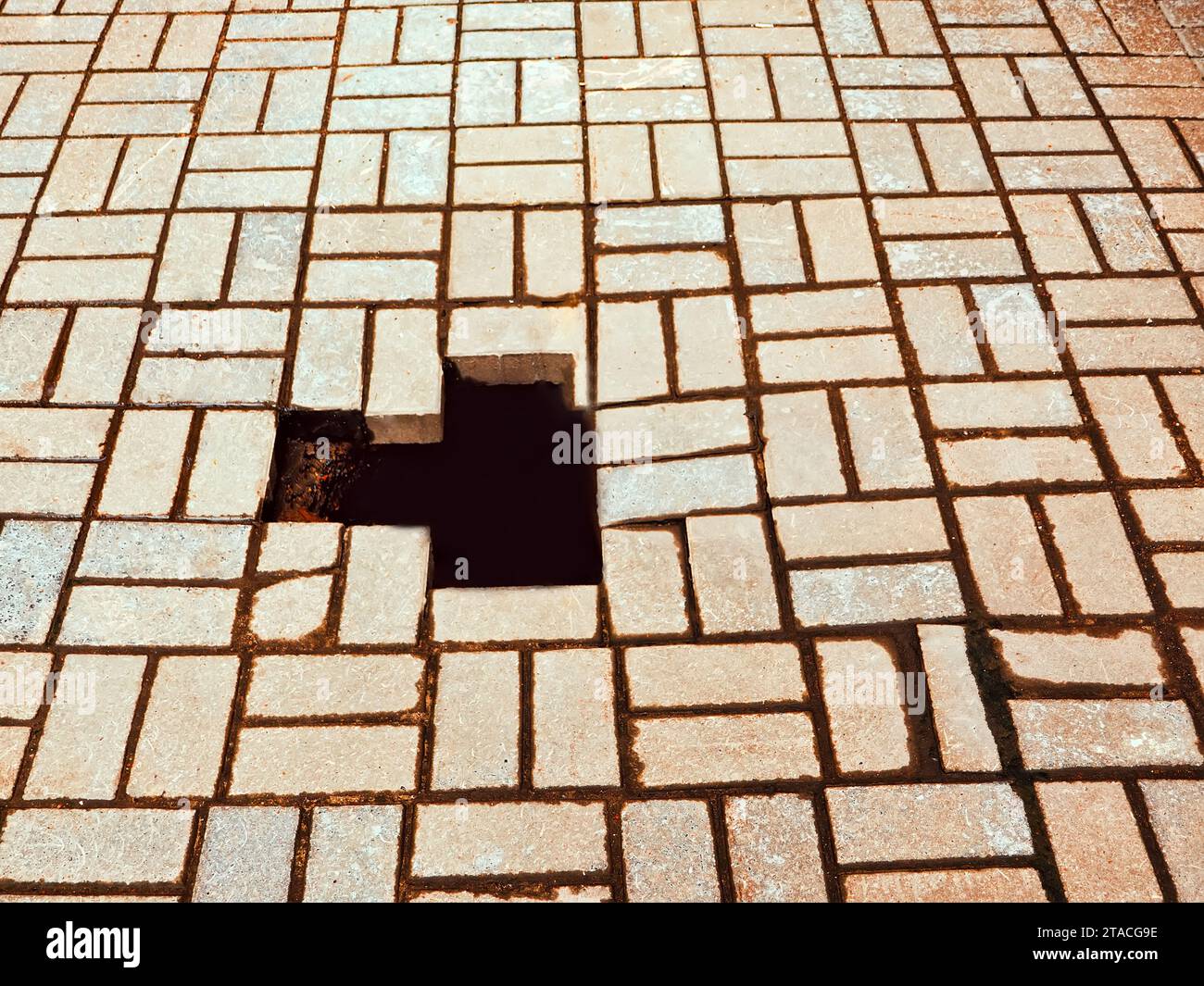 An unexpected failure (soil washout, rain channel) in the brick ...