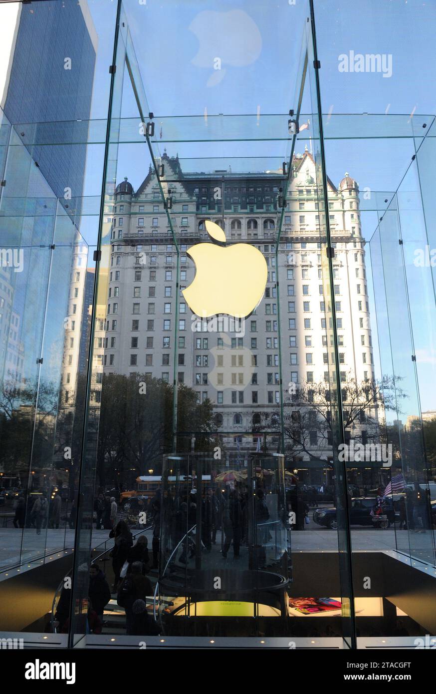 NEW YORK, USA - NOV 24, 2011: Apple store logo (from backside) on Fifth ...