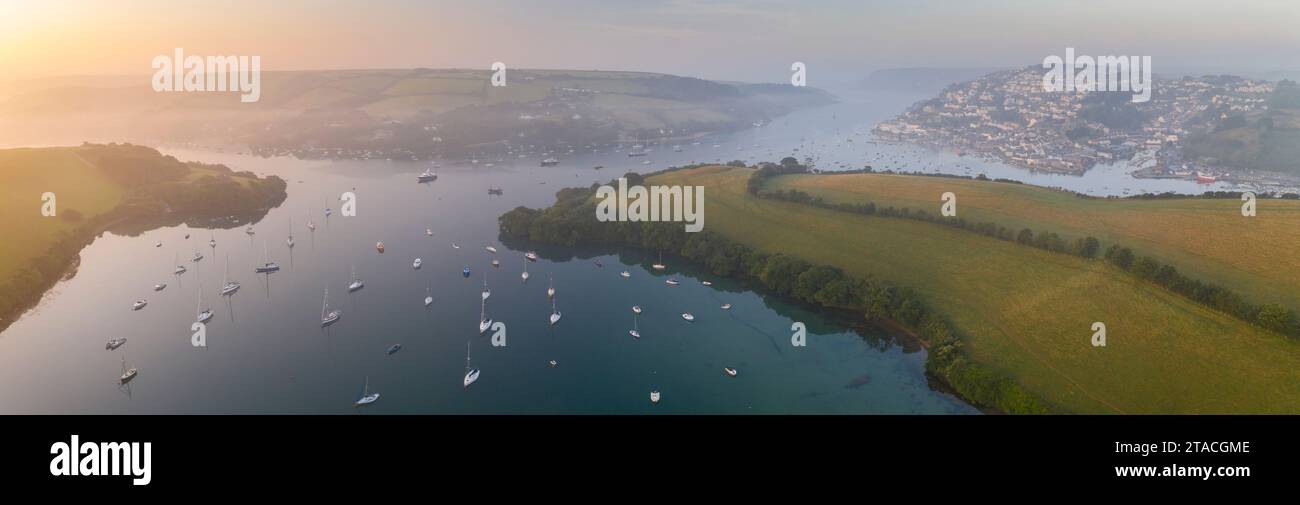 Aerial vista of Salcombe and the Kingsbridge Estuary at dawn, South ...