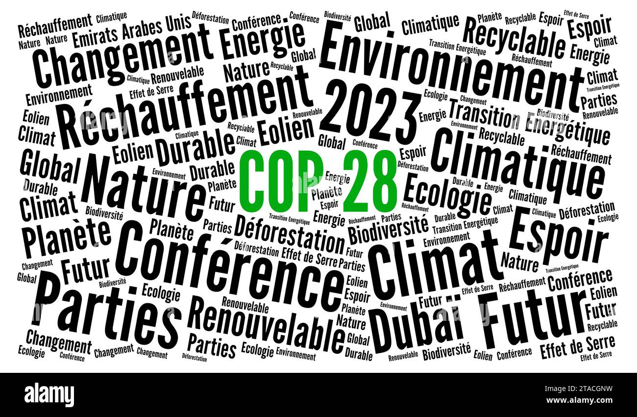 COP 28 in Dubai United Arab Emirates world cloud in French language ...