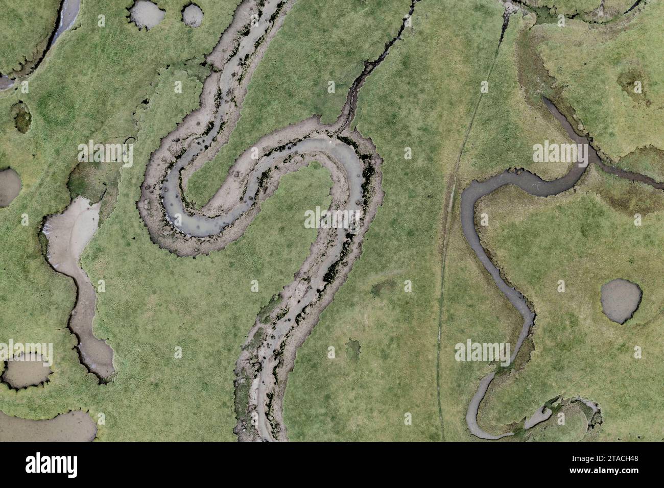 Aerial view of Llanrhidian Marsh on the Gower Peninsula, Wales, UK ...