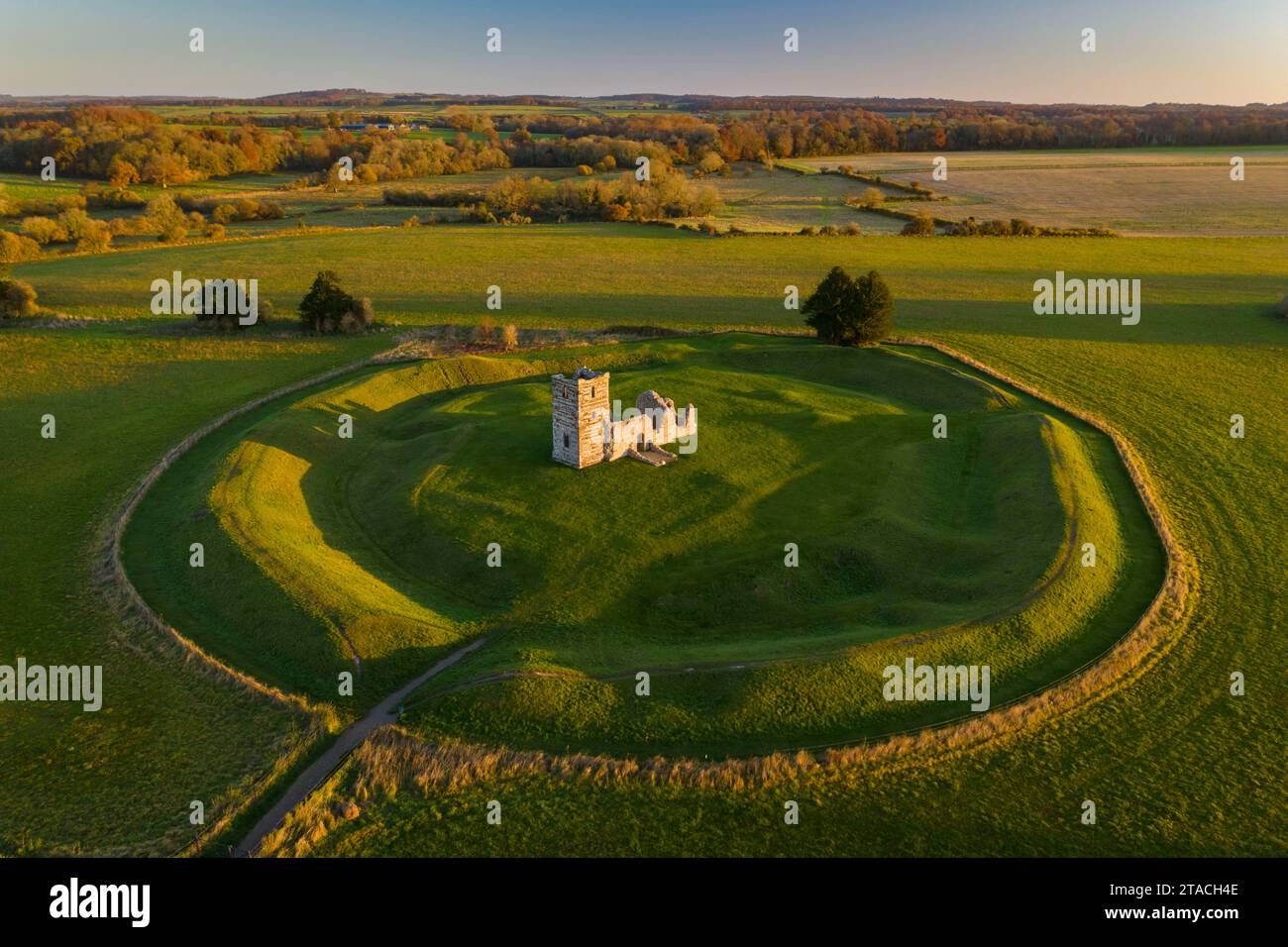 Aerial view of Knowlton Church and neolithic Church Henge, Dorset ...