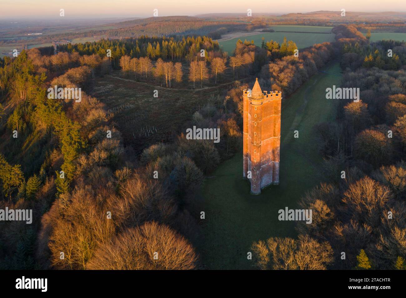 Aerial view of King Alfred's Tower near Stourhead, Somerset, England ...