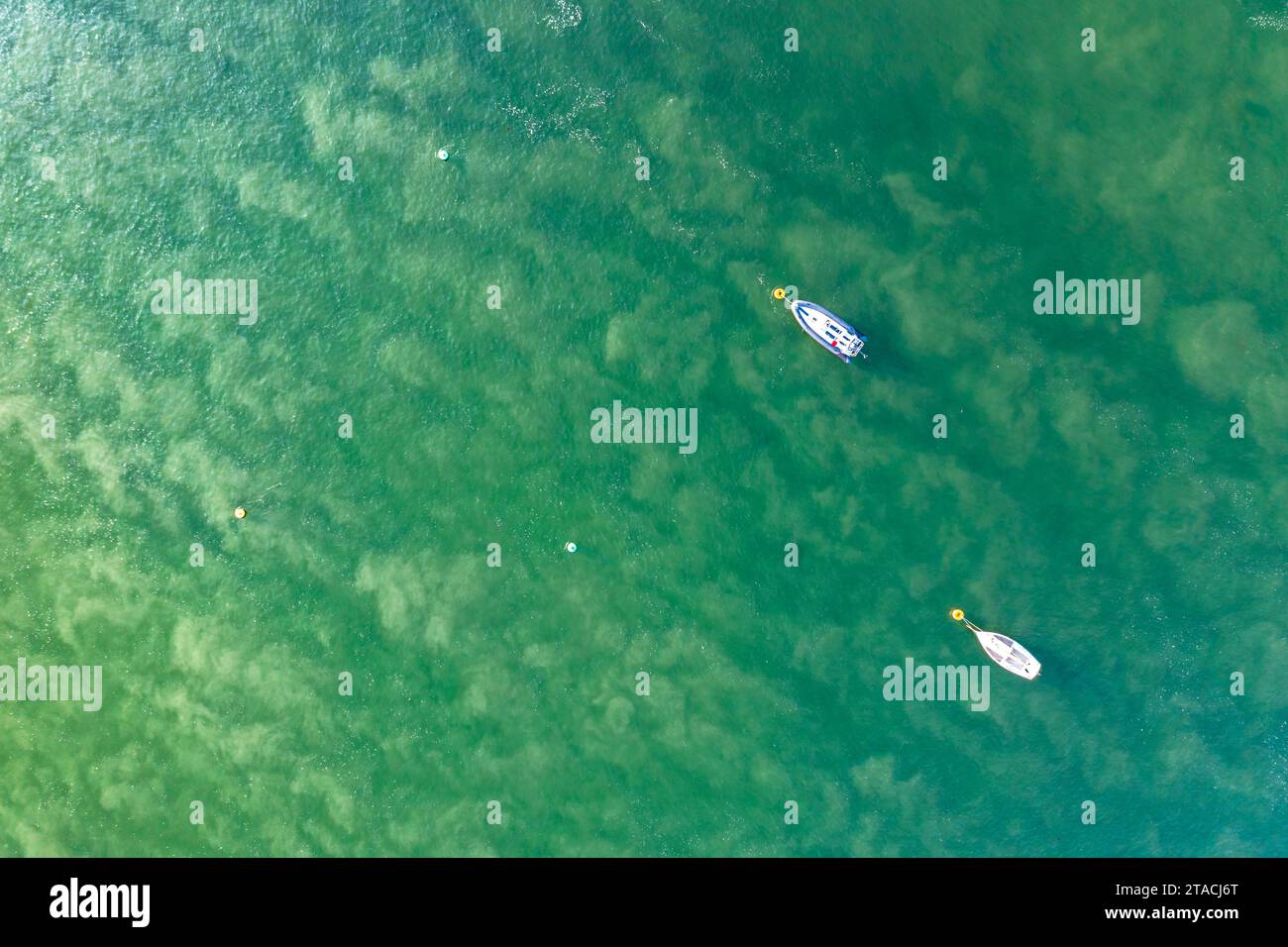 Aerial view of boats moored in the Camel Estuary near Rock, Cornwall ...