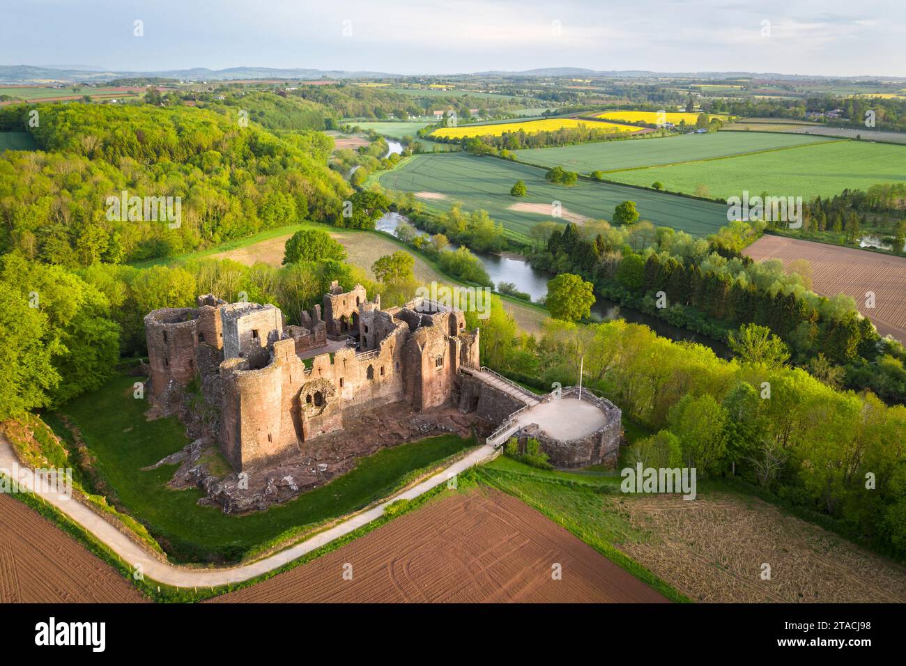 Aerial view of the medieval ruins of Goodrich Castle above the River ...