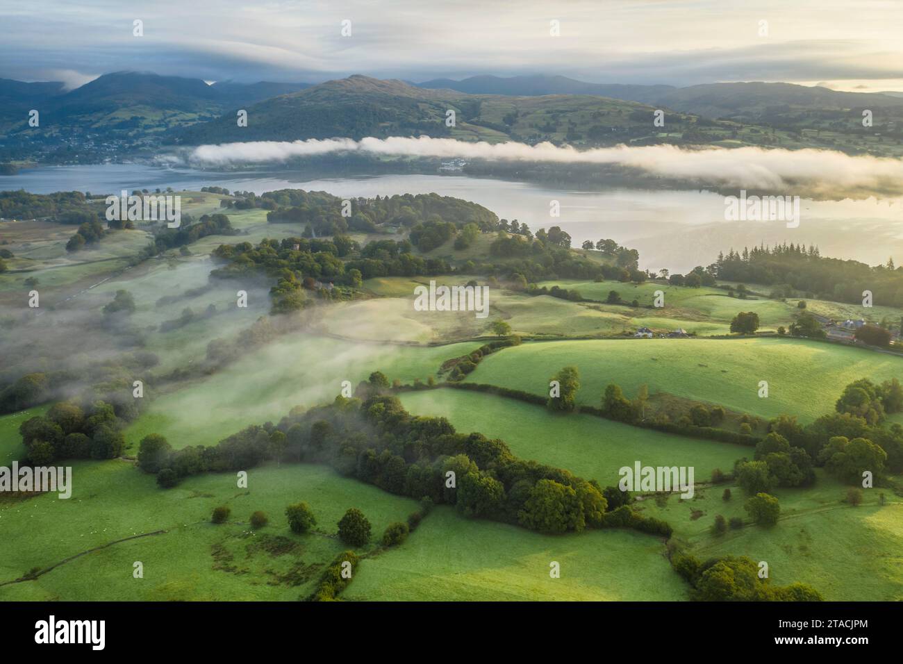 Aerial view of rolling countryside near High Wray, with Lake Windermere ...