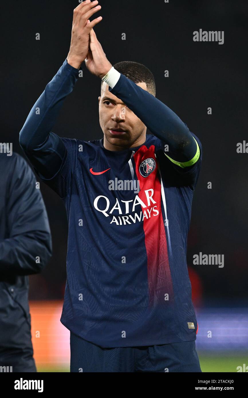 PARIS, FRANCE - NOVEMBER 28: Kylian Mbappe of PSG applauds fans during ...