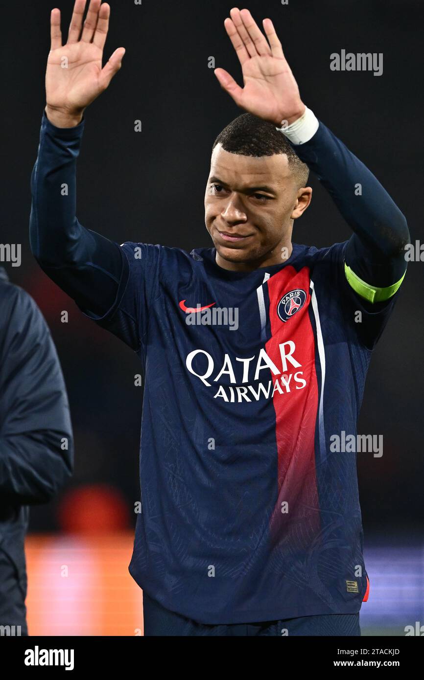 PARIS, FRANCE - NOVEMBER 28: Kylian Mbappe of PSG looks on during the ...