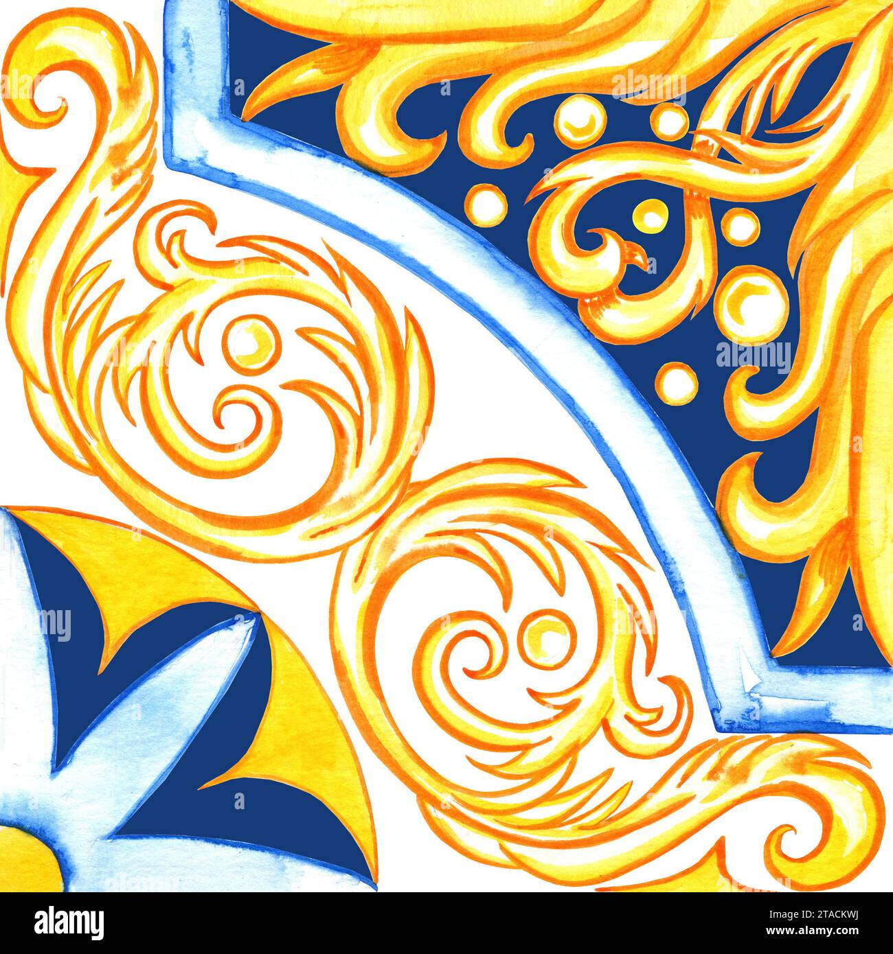 Majolica watercolor seamless pattern. Sicilian hand drawn ornament ...